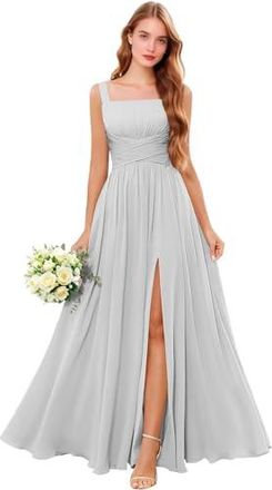 Generic Robe de demoiselle dhonneur en mousseline de soie plissée à col carré avec poches pour femme - Robe de soirée formelle trapèze avec fente, Argenté., 5