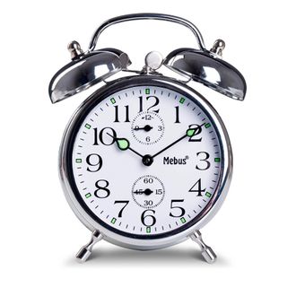 Mebus Mechanischer Aufzugswecker mit klassisches Glocken-Läutwerk, Leuchtzeigern - mehr Retro geht nicht / Farbe: Silber