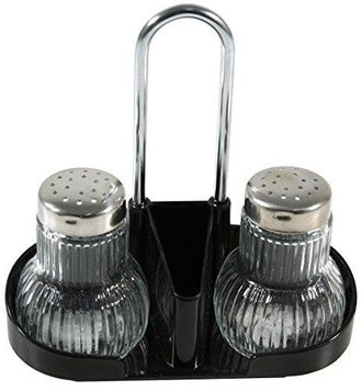 Fackelmann Griffmenage RUBIN, Gewürzständer mit Salz- und Pfefferstreuer und Zahnstocherbehälter (Farbe: Silber/Transparent/schwarz), Menage: 1 Stück, 47320