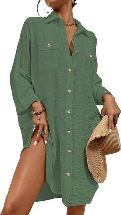 Bsubseach Sommer Strandkeid für Frauen Button Down Strand Shirt Kleid Badeanzug Cover Up V-Ausschnitt Strandponcho Bademode Resort Wear Grün XL