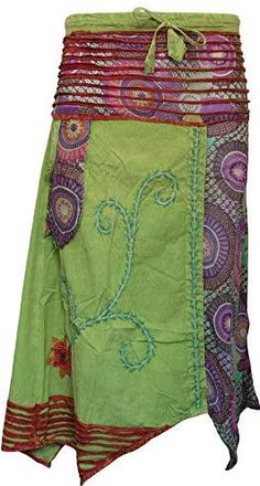 Shopoholic Fashion Jupe longue brodée faite à la main pour femme avec motif floral hippie, vert citron, Taille unique