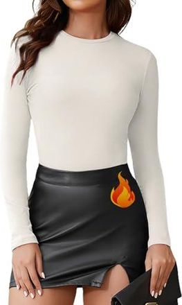 Joyshaper T-shirt à manches longues pour femme - Col rond - Haut thermique - Sous-vêtements thermiques - Pull basique - Sous-vêtement chaud, Blanc/col rond, M