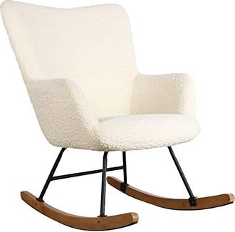 Happy Garden Fauteuil à Bascule Kaira, Rocking Chair, Tissu Bouclette écru, Effet Peau de Mouton, Structure en métal et piètement en Bois dhévéa