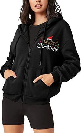 Generic 2026 Vestes &agrave; capuche d&eacute;contract&eacute;es &agrave; manches longues avec fermeture &eacute;clair et cordon de serrage pour femme avec poches, Noir, S