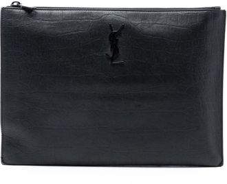 Saint Laurent Clutches - Croc Embossed Leather Monogram Zip Pouch - Gr. unisize - in Schwarz - f&uuml;r Damen
