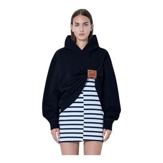 Jean Paul Gaultier Sweat &agrave; capuche en molleton de coton avec d&eacute;tail d&eacute;tiquette en cuir - Femme - Sweatshirts et sweats &agrave; capuche - Noir - Taille: 42 FR