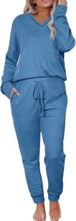 Generic Pyjama 2 pi&egrave;ces en tricot gaufr&eacute; pour femme - Manches longues et col en V - Chemises Henley d&eacute;contract&eacute;es - Pantalon de jogging en tricot avec poches,