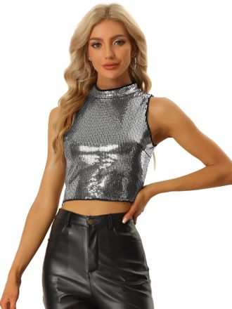 Allegra K Damen Glitzertop Top &Auml;rmellos Pailletten Metallic Glitzer Party Bluse Dunkelsilber M