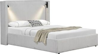 Habitat et Jardin Lit Double en Velours côtelé avec Coffre et Lampe intégré Cortina - 140 x 190 cm- Beige