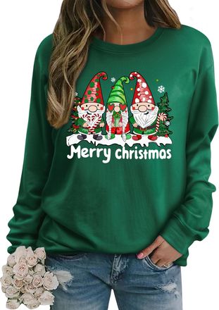 Dresswel Weihnachtspullover Damen Merry Christmas Sweatshirt Lustig Zwerge Druck Baumwolle Weihnachten Pullover Weihnachts Tops Xmas Weihnachtspulli Teenager M