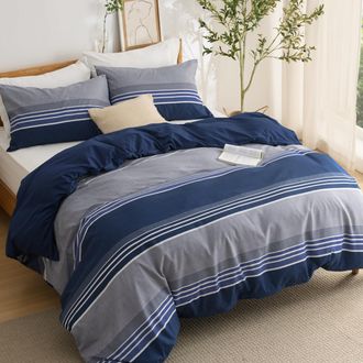 Bedsure Bettw&auml;sche 240x220 3teilig Bettbezug - Bettw&auml;sche-Sets Blau 240 x 220 cm mit 2 Kissenbez&uuml;ge 50x75 cm, &Ouml;KO-TEX Wendebettw&auml;sche Bedding Blau Gestreift M
