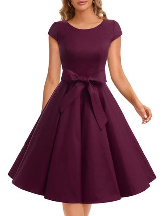 Dressystar Damen Vintage 50er Cap Sleeves Dot Einfarbig Rockabilly Swing Kleider XL Burgundy