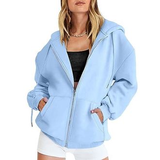 Generic Sweat &agrave; capuche pour femme - En coton - Fermeture &eacute;clair - Avec cordon de serrage - Doux - Manches longues - Fermeture &eacute;clair, bleu ciel, XXL