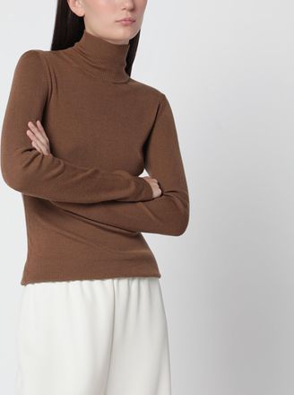 Max Mara Dunkelkamelfarbener Rollkragenpullover aus Schurwolle