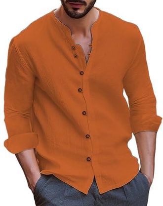 Generic Chemise en coton et lin pour homme - Chemisier dentra&icirc;nement d&eacute;contract&eacute; pour le printemps et lautomne - Col de chemise en coton &agrave; manches longues - C