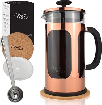 Milu French Press Kaffeebereiter | 350ml, 600ml, 1L | Glas Kaffeepresse, Kaffeezubereiter für Zuhause Reisen Camping inkl. Untersetzer, Löffel, Ersatzfilte