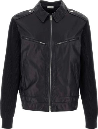 Brunello Cucinelli Homme, Vestes, Bleu, Taille: L Veste en cuir et tricot