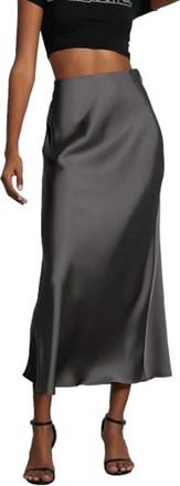 OLIPHEE Jupe Longue Femme Jupe Satin Taille Haute Elastique Robe Femme Robe Satin Ligne A Couleur Unie Casual Chic Élégante Soirée Gris S