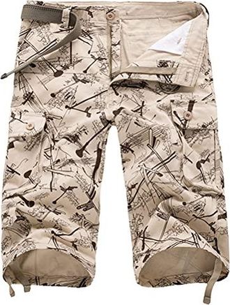 Onsoyours Homme Cargo Bermuda Short Multi Poches Éte Pantalon Court Bermuda de Travaille Casual Imprimé Camouflage Pantalon Court Vintage sans Ceinture E Beige 