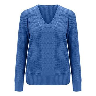 Generic Pull en tricot &agrave; manches longues pour femme - Couleur unie - Col en V - Coupe ajust&eacute;e - Automne et hiver, bleu, XXL