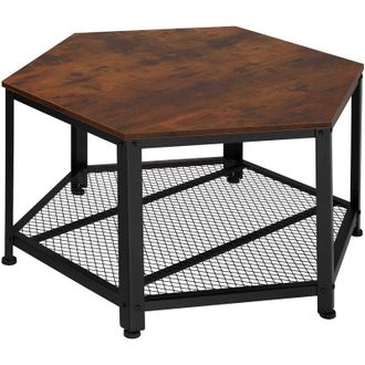 TecTake Table basse de salon hexagonal avec &eacute;tag&egrave;re grillag&eacute;e bois fonc&eacute;