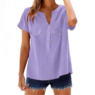Generic T-shirt en gaze pour femme - Col Henley boutonn&eacute; - Manches courtes - Couleur unie - Chemisier d&eacute;contract&eacute; tendance - Col en V - Coupe ample avec deux 