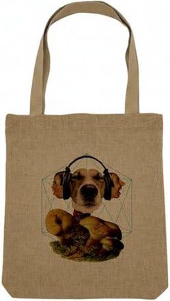 Fabulous Sac Shopping Tote Bag Aspect Lin - Chien Casque audio Collage Art Surr&eacute;alisme Vintage Champignon - Sac de Courses Toile Epaisse 360g Beige Naturel Cab