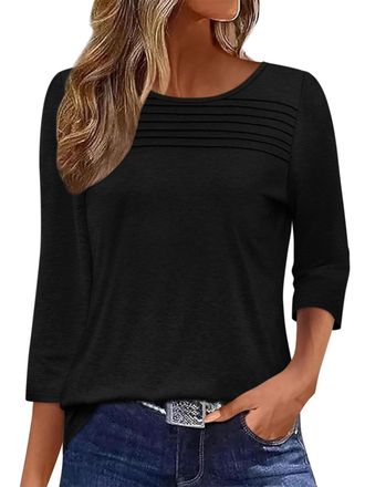 Onsoyours Shirt Damen 3/4 Arm Falten Rundhals Tshirt Leichte Pullover Sommer Herbst Oberteile Casual Tops Basic Shirt A Schwarz XXL