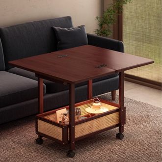 Generic Schmaler Beistelltisch, Couchtisch Mit Gewebter Kunststoffumrandung Aus Rattan, Verstellbare Schreibtischgr&ouml;&szlig;E for Aufbewahrung, B&uuml;Ro, Nachmittagstee