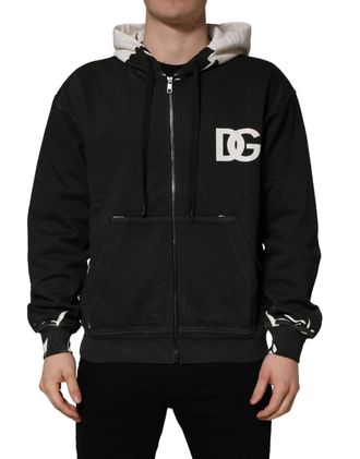 Dolce & Gabbana Mens Black Cotton Logo Hooded Full Zip Sweater Clothing