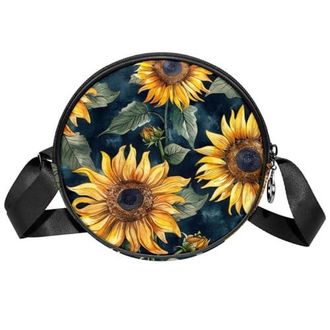 Generic Sac &agrave; bandouli&egrave;re rond pour femme, motif tournesols r&eacute;tro avec fermeture &eacute;clair, bretelles r&eacute;glables, sac &agrave; main rond d&eacute;contract&eacute; pour femmes et fille
