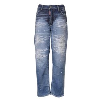 Dsquared2 Femme, Jeans, Bleu, Taille: 34 FR Jean Droit En Denim De Coton Effiloch&eacute; &Agrave; Taille Moyenne