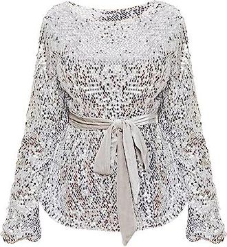 Generic Tunique &agrave; manches longues mode pull haut avec ceinture en velours grande taille robe tops pour femmes blanc arc-en-ciel cardigan, Blanc., XXL