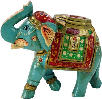 Guru Shop Deko Elefant aus Indien, Bemalter Indischer Holzelefant, Skulptur Elefant, Mint