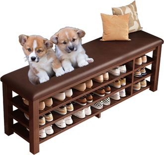 Generic Bank mit Schuhregal, Aufbewahrung für den Eingangsbereich, Schuhbank aus Massivholz, gepolsterter Sitz, kleine Eingangsbank, Schrank für den Flur brau