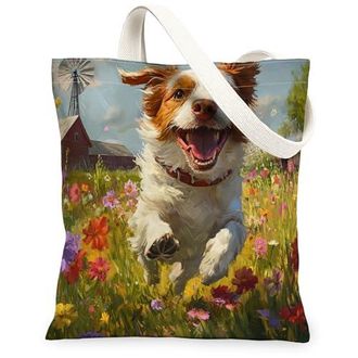 Generic Spring Brittanys Sac fourre-tout en toile r&eacute;utilisable pour faire du shopping, 33 x 38,1 cm, motif chiot de campagne, sac d&eacute;picerie pour femme, motif 