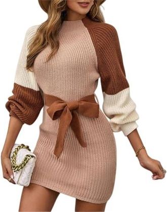 Generic Robe pull en tricot &agrave; col roul&eacute; et manches longues pour femme - Mini robe moulante pour lautomne et lhiver - Tenue d&eacute;contract&eacute;e en tricot c&ocirc;tel&eacute; &eacute;l&eacute;ga