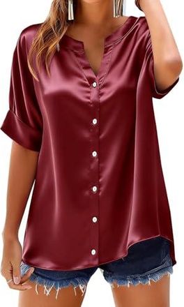Generic Chemisiers habill&eacute;s et &eacute;l&eacute;gants en satin pour femme - Haut &agrave; manches courtes et col en V - Chemisier &agrave; boutons - &Eacute;paules tombantes - Respirant et l&eacute;ge