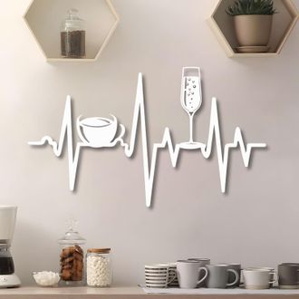 Generic Moderne minimalistische Wanddekoration aus Metall: Herzschlag-Weinglas & Kaffeetasse, Wanddekoration f&uuml;r Kaffee, Wanddekoration f&uuml;r Bars, Weingl&auml;ser f