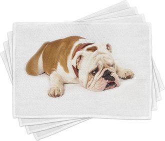 Abakuhaus Englische Bulldogge Platzmatten, Traurige Müde Niederlegte Europäische Bulldogge Reine Zucht Tierfotografie, Waschbare Stoff Esszimmer Küche Tischdeko