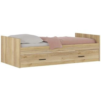 PEGANE Lit gigogne avec 1 tiroir coloris ch&ecirc;ne Mauvella - Longueur 202 x profondeur 98 x hauteur 58 cm