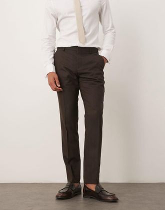 Selected Pantalon ajusté en laine mélangée - Marron