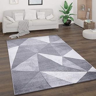 Paco Home Tapis De Salon Poils Ras Tapis Vintage Style Abstrait Moderne Motif Diamant G&eacute;om&eacute;trique, Dimension:120x160 cm, Couleur:Gris