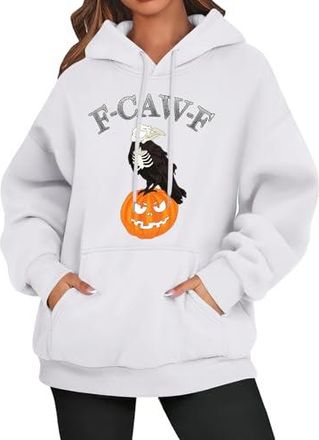 Generic Sweat &agrave; capuche dHalloween pour femme | Crow Pumpkin - Pull &agrave; capuche &agrave; manches longues pour lautomne et lhiver | pour les voyages, blanc, 3XL