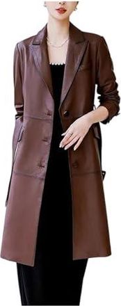 Generic Manteau long en cuir v&eacute;ritable pour femme - Manteau &agrave; lacets en peau de mouton mi-longue coupe ajust&eacute;e Trench Coat pour printemps automne, marron, S