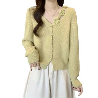 Generic Cardigan en tricot pour femme - Style cor&eacute;en - Style d&eacute;contract&eacute;, jaune, Taille XS