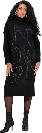 Ulla Popken Femme Grandes Tailles Robe en Maille, Lettres, col Montant et Manches Longues Noir 46+ 833483100-46+