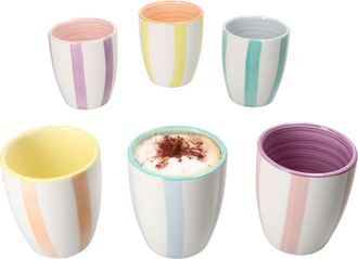 MamboCat 6er Set Beach Pastello Stripes Mokkabecher I 150 ml I Kleine Becher ohne Henkel aus Steingut f&uuml;r 6 Personen Pastell streiften & Strudel-Dekor I f&uuml;r Es
