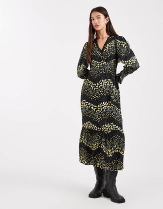 Wednesday's Girl Robe longueur mollet &agrave; manches longues et imprim&eacute; fleurs - Jaune-Multicolore