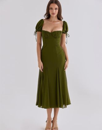 House of CB Marceline robe midi en mousseline &agrave; manches bouffantes olive-Vert